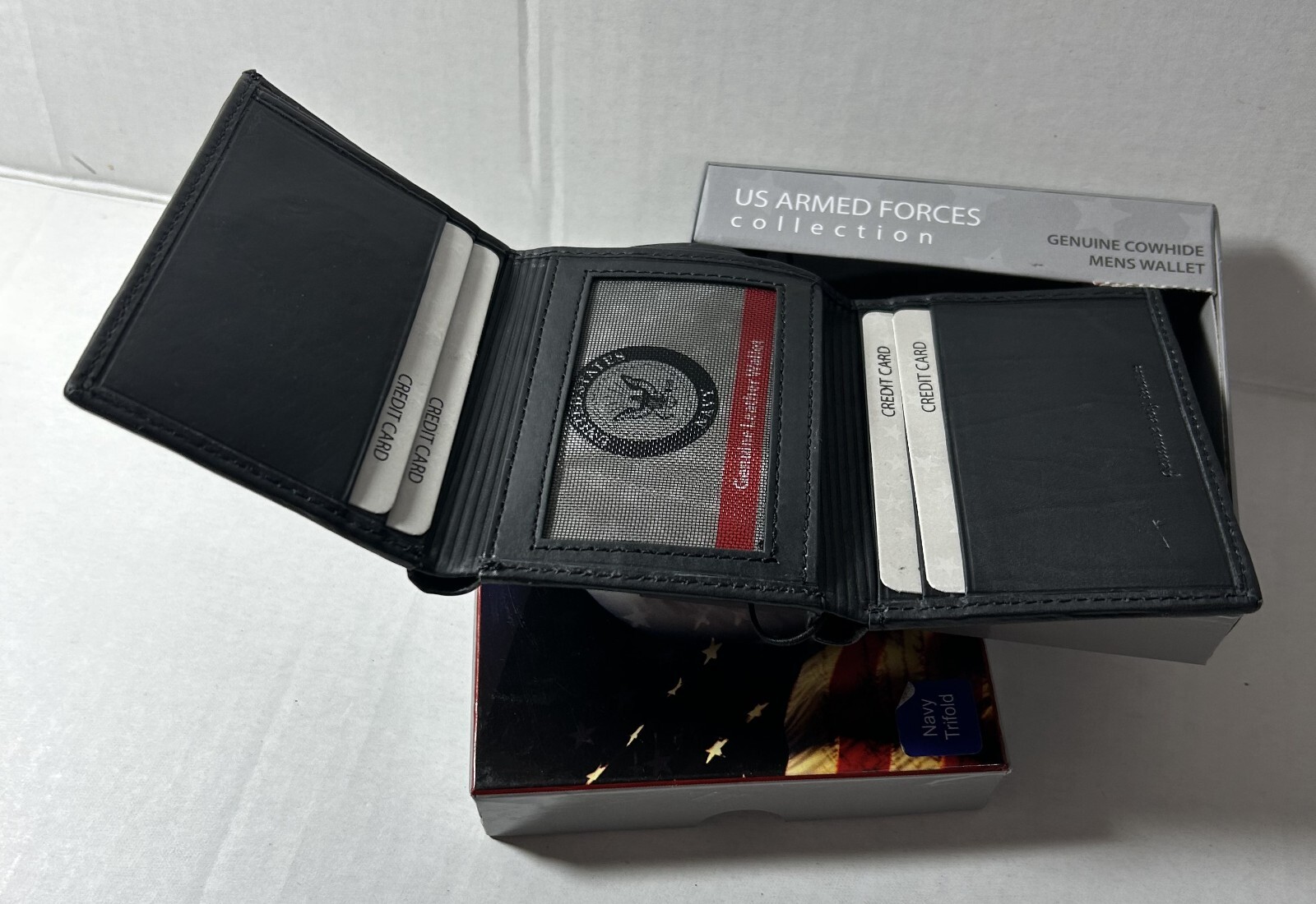 U.S Navy cowhide leather men trifold wallet black embossed New in box ...