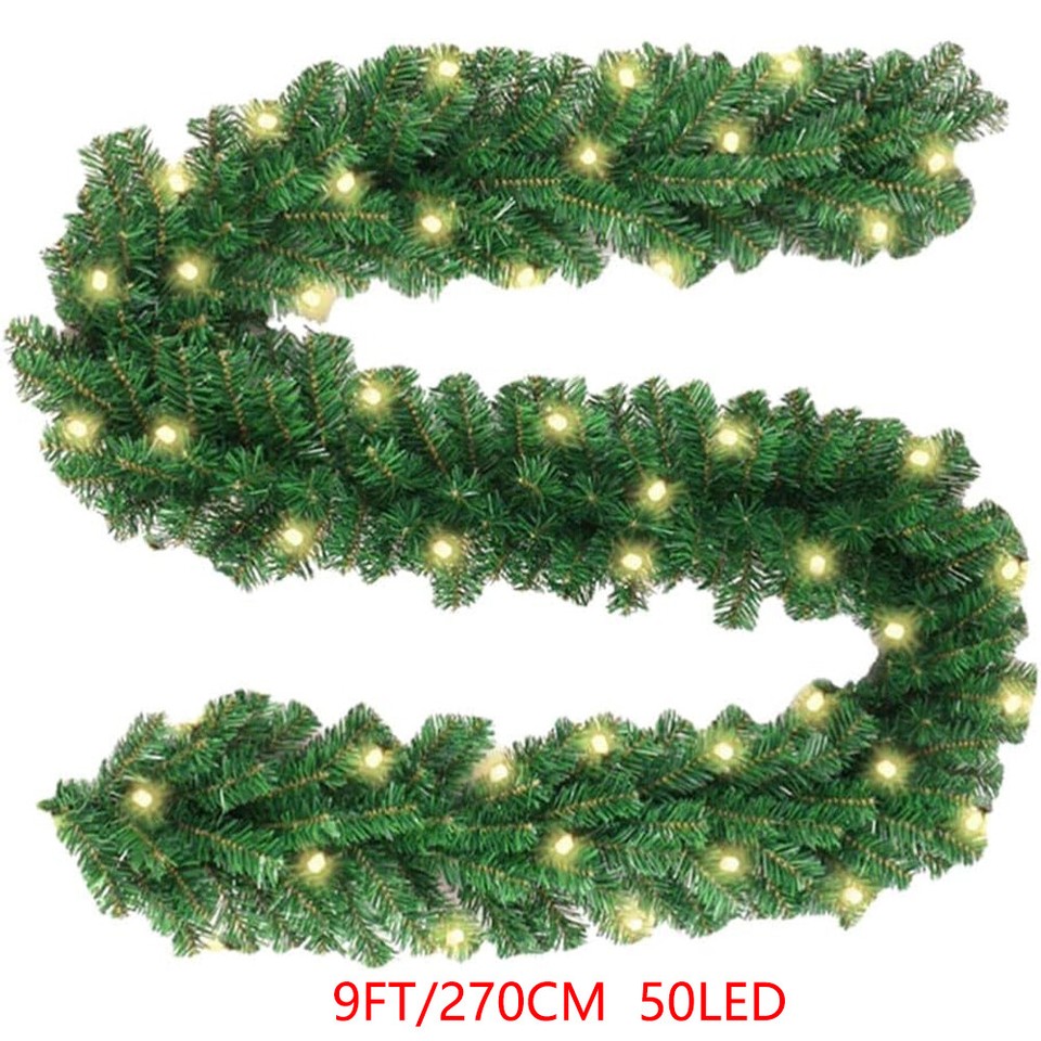 9FT Christmas Garland w/LED Lights Door Wreath Xmas Fireplace Stairs ...