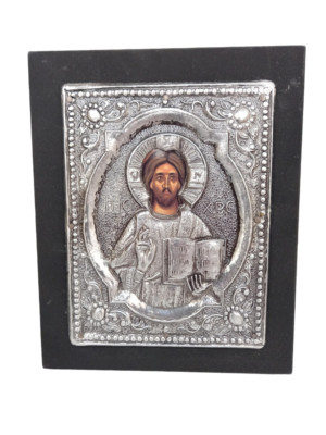 6 1/4" Antique Jesus Christ Blessing Greek Orthodox Engraved Silver ...