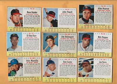 1963 Post Cereal baseball cards #s 29,62,63,65,104,147,156,170,198, 9 ...