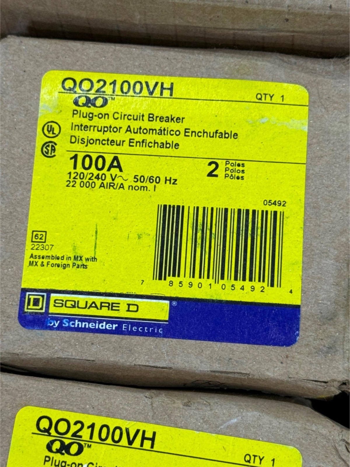NEW Square D QO QO2100VH 2 Pole 100 Amp 240V 22kA Yellow Circuit ...
