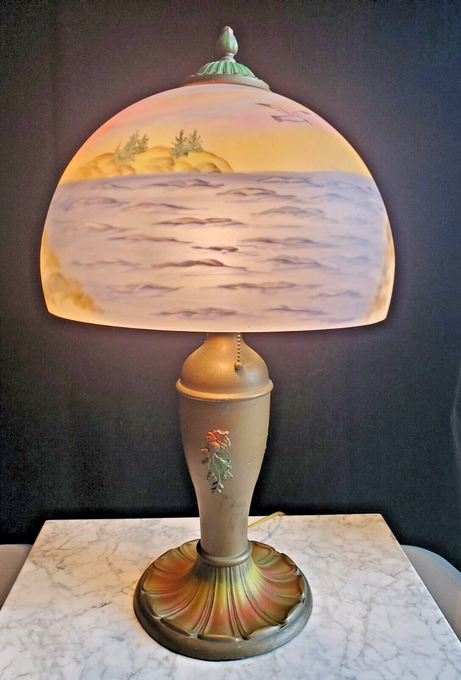 Antique 20s Miller Style Lamp Reverse Painted Vintage Glass Kincaid ...