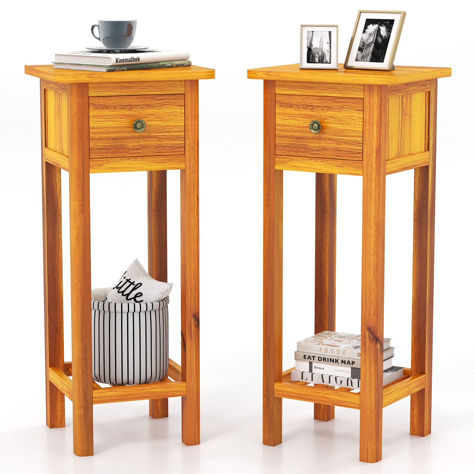 2PCS Solid Wood Side Table w/ Acacia Wood Top Drawer & Open Shelf Small ...