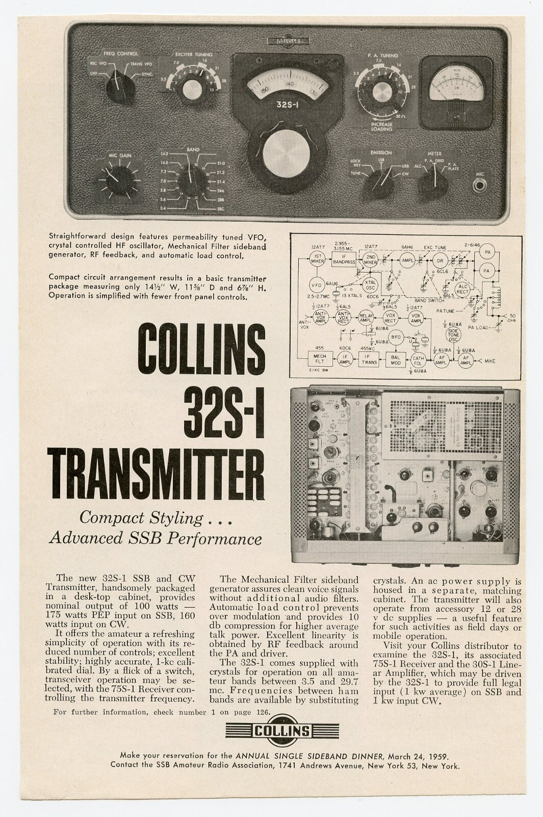CQ Ham Radio Magazine Ad COLLINS 32S-1 TRANSMITTER-Compact Style... (3/ ...