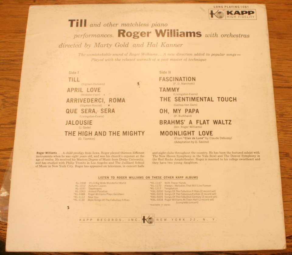 ROGER WILLIAMS......TILL Kapp Records (K-1081-S) Stereo...VG ..33RPM | eBay