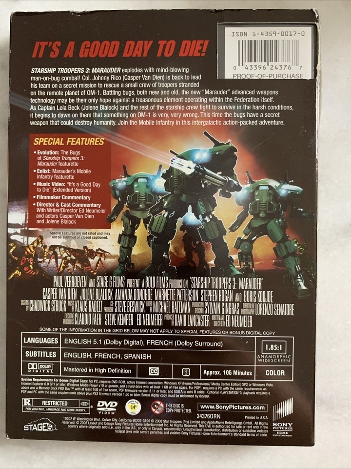 Starship Troopers 3: Marauder (DVD, 2008) Casper Van Dien, Jolene ...
