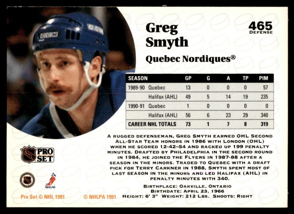 1991-92 Pro Set #465 Greg Smyth Rookie Quebec Nordiques | eBay