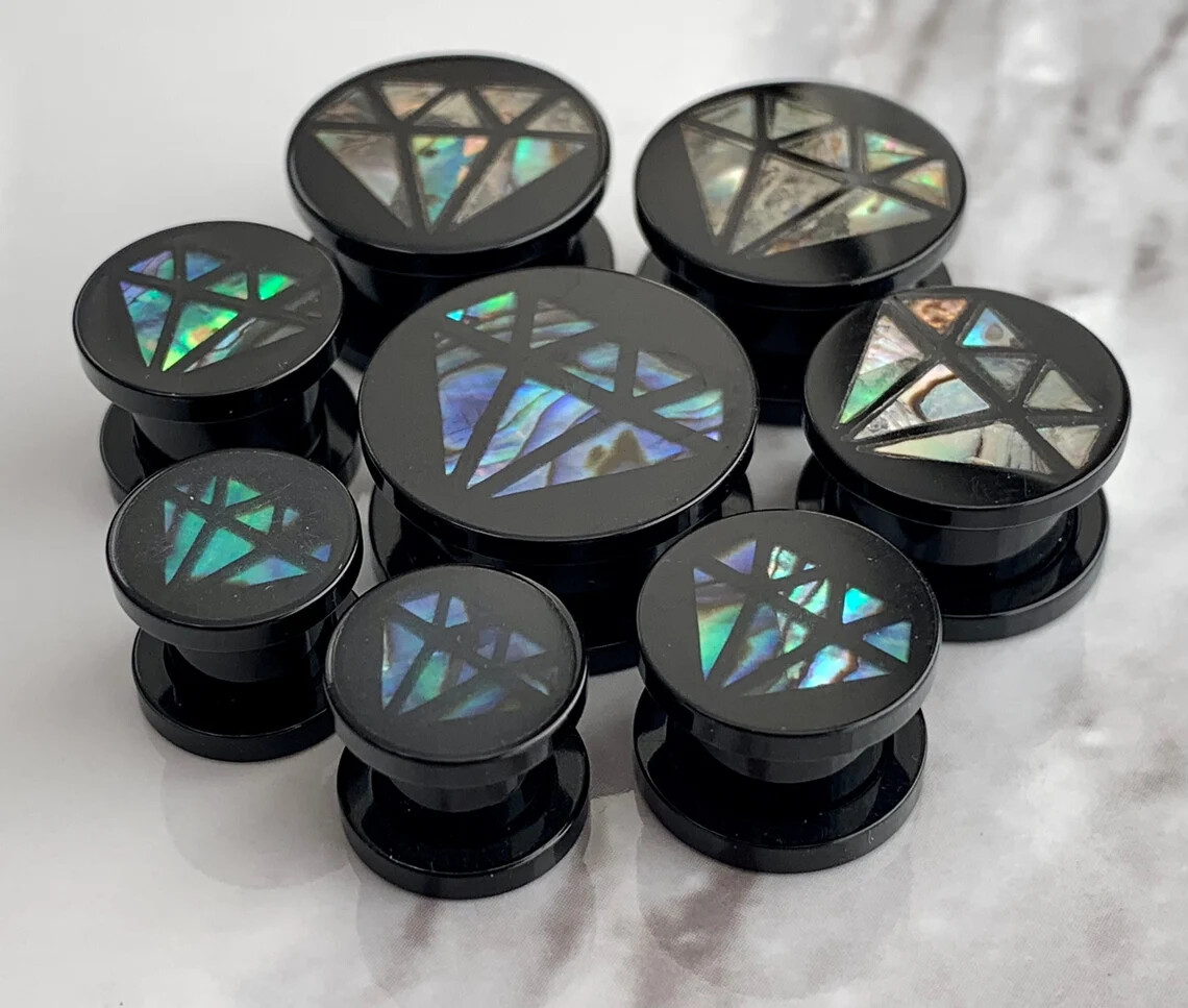 PAIR Diamond-Shaped Abalone Inlay Acrylic Screw Fit Plugs Tunnels ...