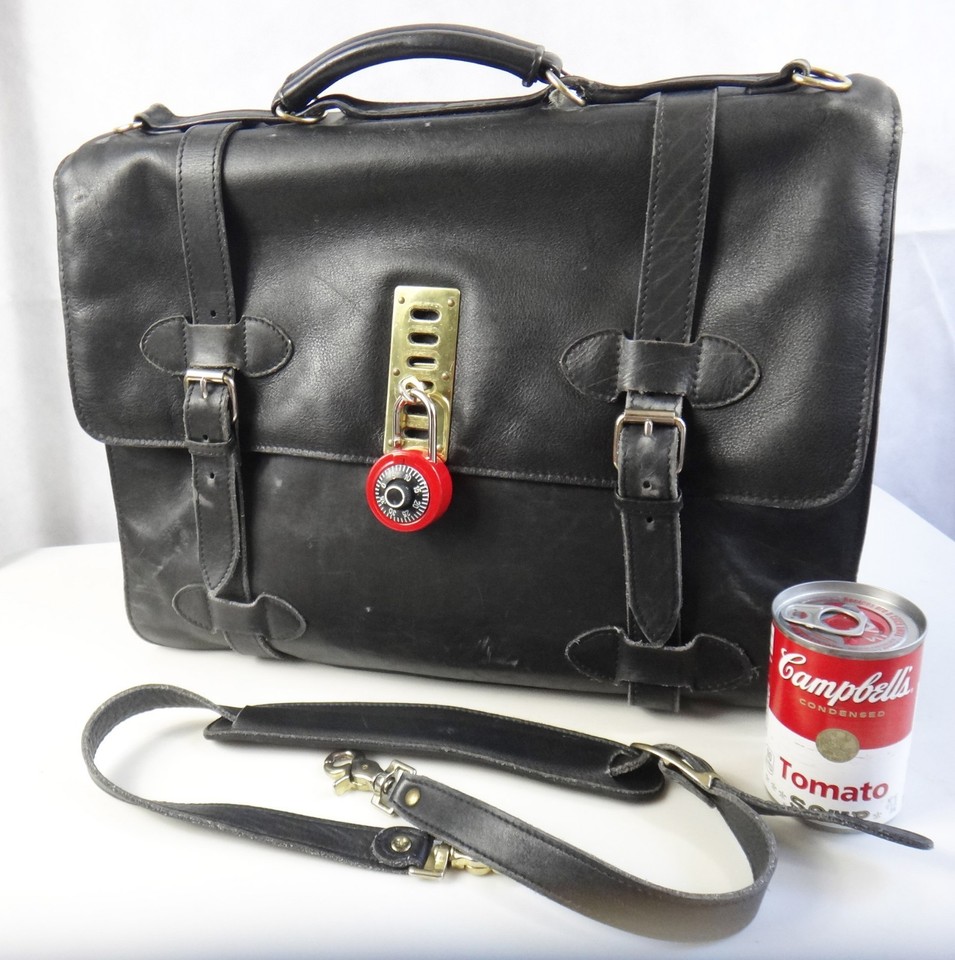 Vintage leather padlock briefcase laptop black accordion lock buckle ...