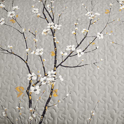 3 Piece Reversible Quilt Set Gray Branch Queen Full Size 88x88 Soft ...