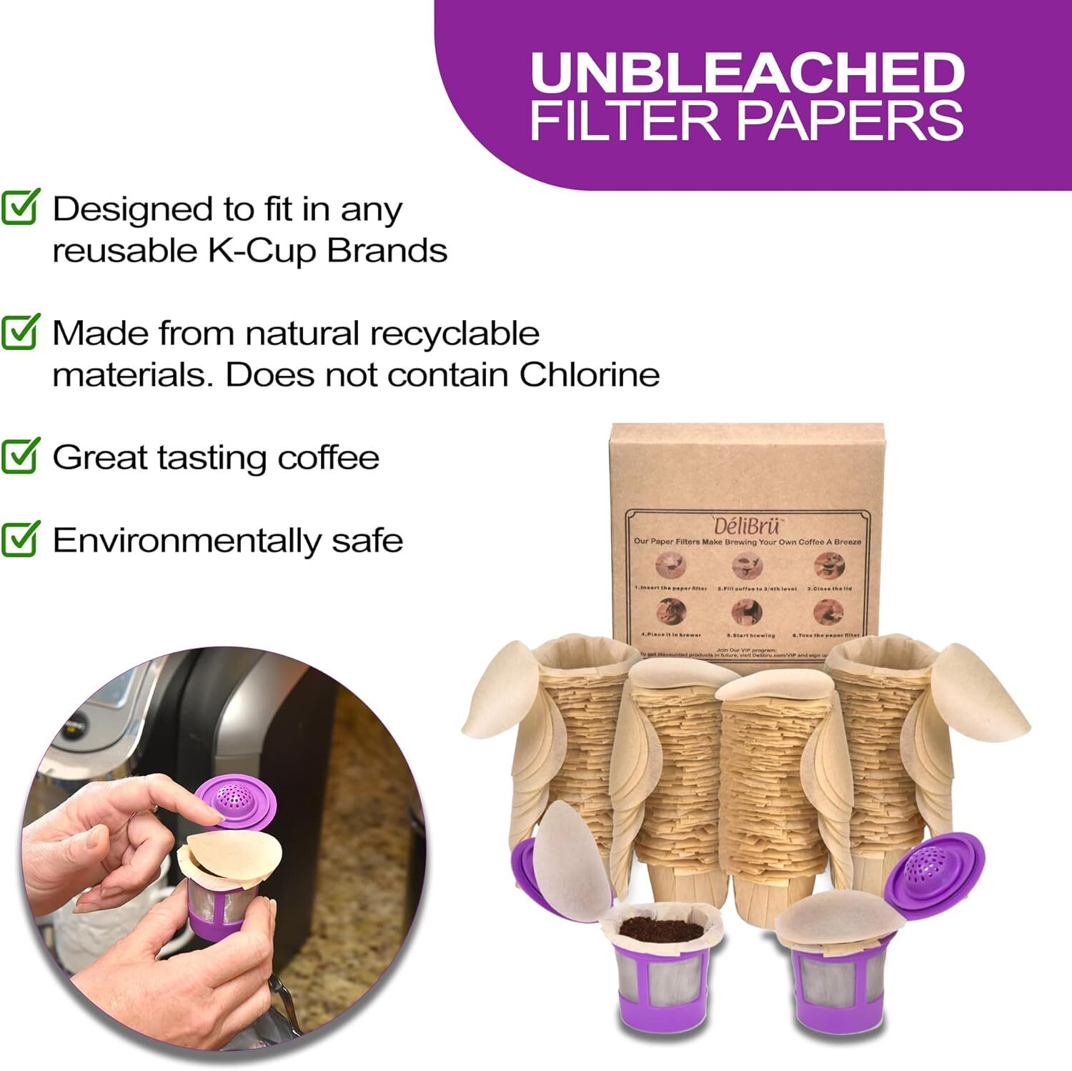 Delibru Unbleached K Cup Filters With Lid for Reusable Coffee 300 pcs ...