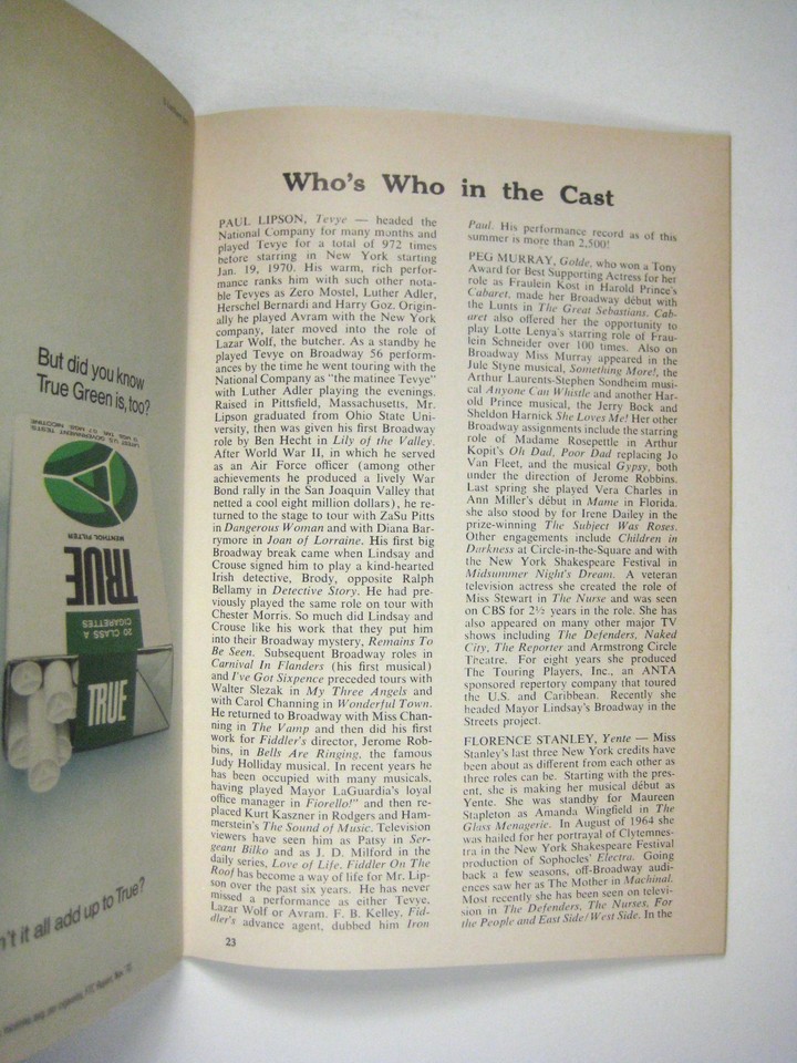 Fiddler on the Roof Playbill 1971 Broadway Theatre Paul Lipson Peg ...