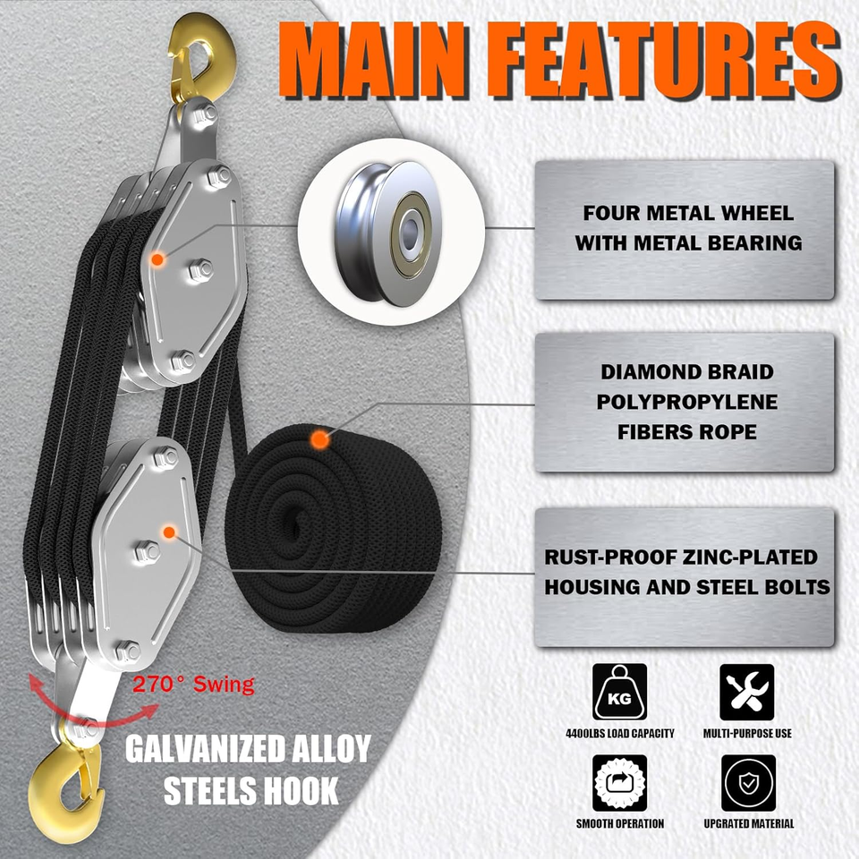 Rope Hoist Pulley System 4400LB Block and Tackle 65Ft Heavy Duty 8:1 ...