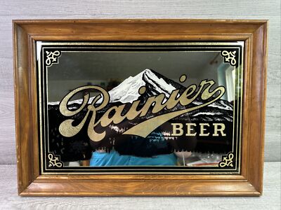 Vtg Rainier Beer Wooden Framed Mirror Bar Sign Mountain Man Cave 20"X 14" appx. | eBay