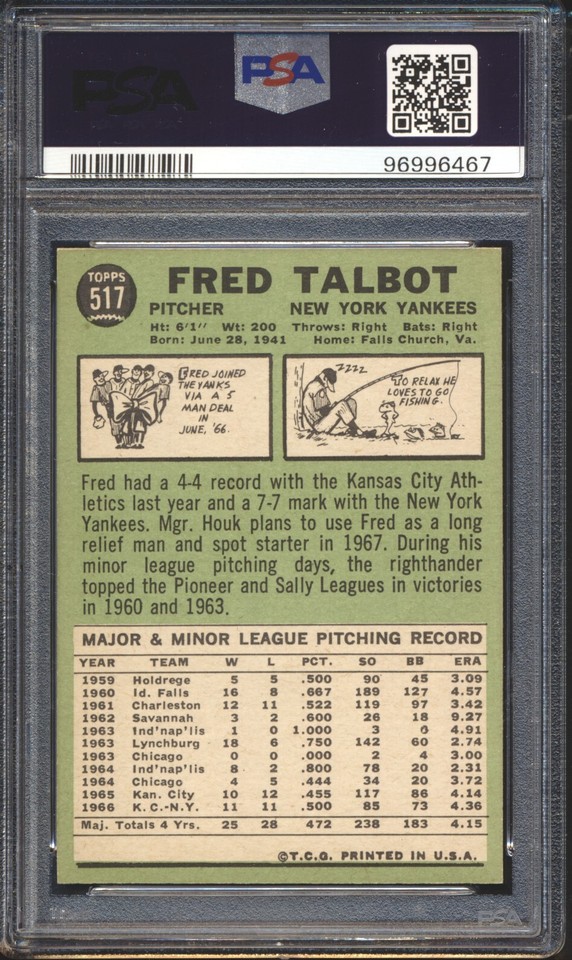 1967 Topps Baseball Fred Talbot #517 PSA 10 YANKEES GEM MINT POP 4 | eBay