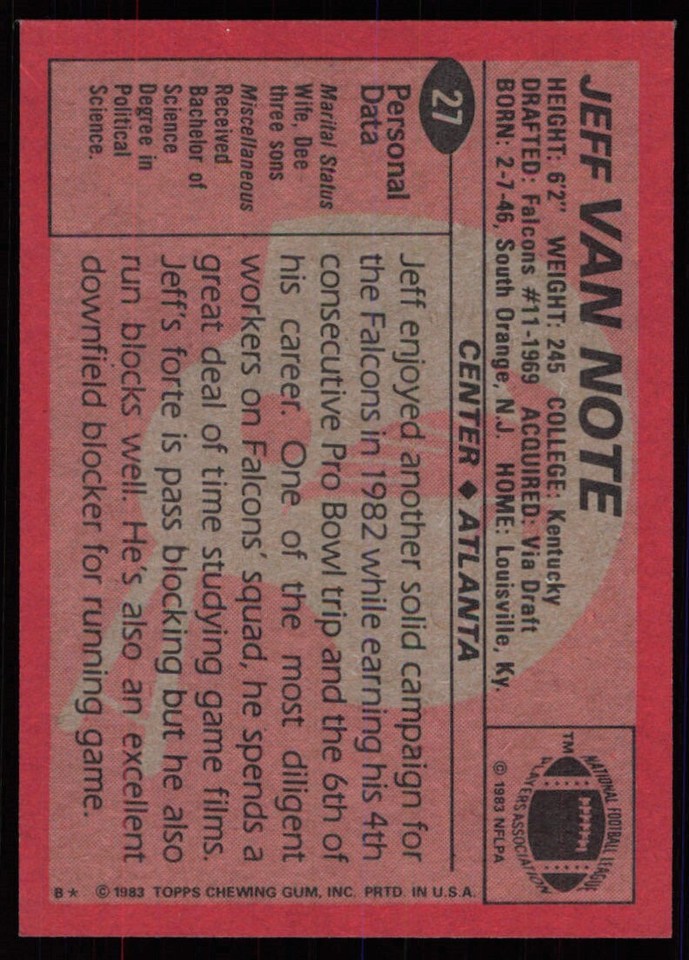 1983 Topps Jeff Van Note Atlanta Falcons #27 | eBay