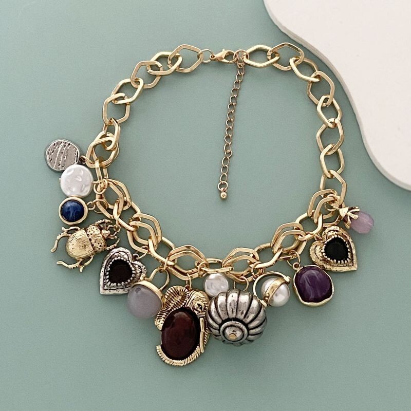 chunky charms statement collar pendant necklace Gold fashion necklace ...