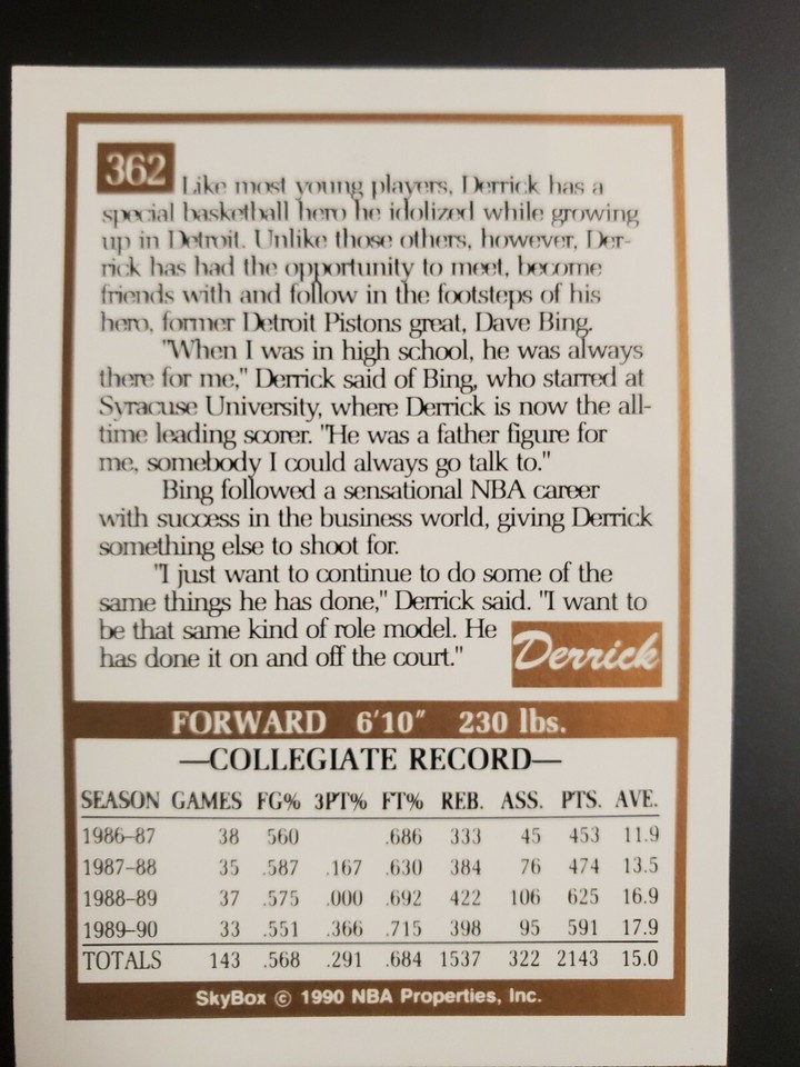 1990-91 SkyBox New Jersey Nets Basketball Card #362 Derrick Coleman ...