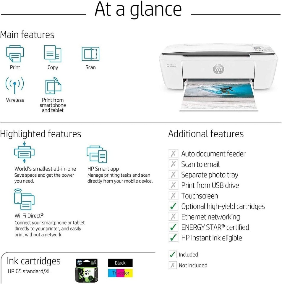 HP Deskjet 3755 Compact AIO Printer Scan Wireless USB 2.0 *~* Low Page ...