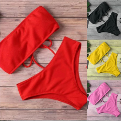 Strapless Swimsuit Backless Bathing Suit Solid Color Women Swimwear ...