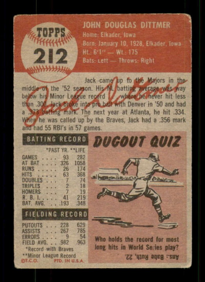 1953 Topps #212 Jack Dittmer VG/VGEX RC Rookie Braves 553760 | eBay