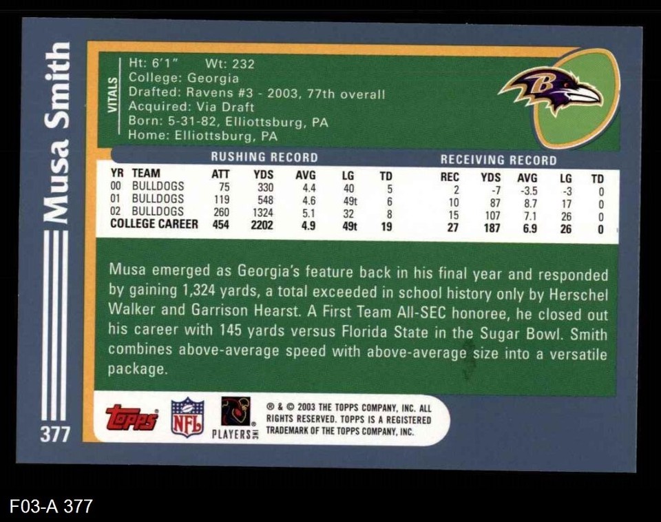 2003 Topps #377 Musa Smith Ravens RC Georgia 8 - NM/MT | eBay