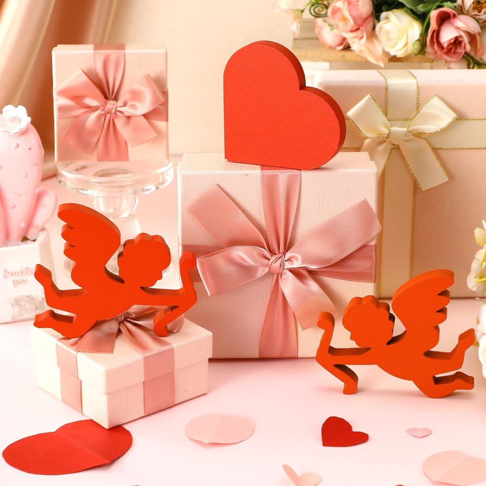 Wenqik 3 Pcs Valentine's Day Wooden Signs Heart Cupid Shaped Valentines ...