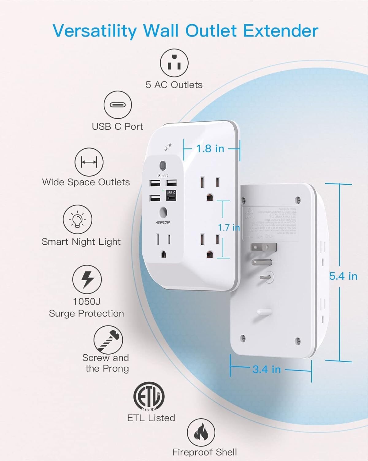 5 Outlet Extender Surge Protector Multi Plug Wall Adapter USB Charger ...