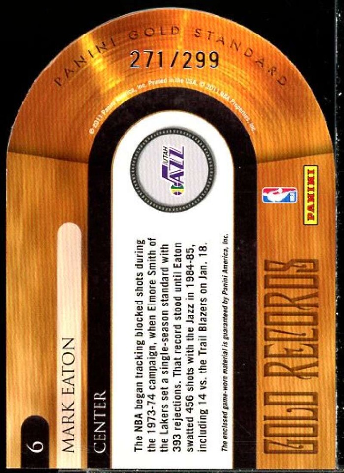 Mark Eaton Card 2010-11 Panini Gold Standard Gold Records Materials #6 ...