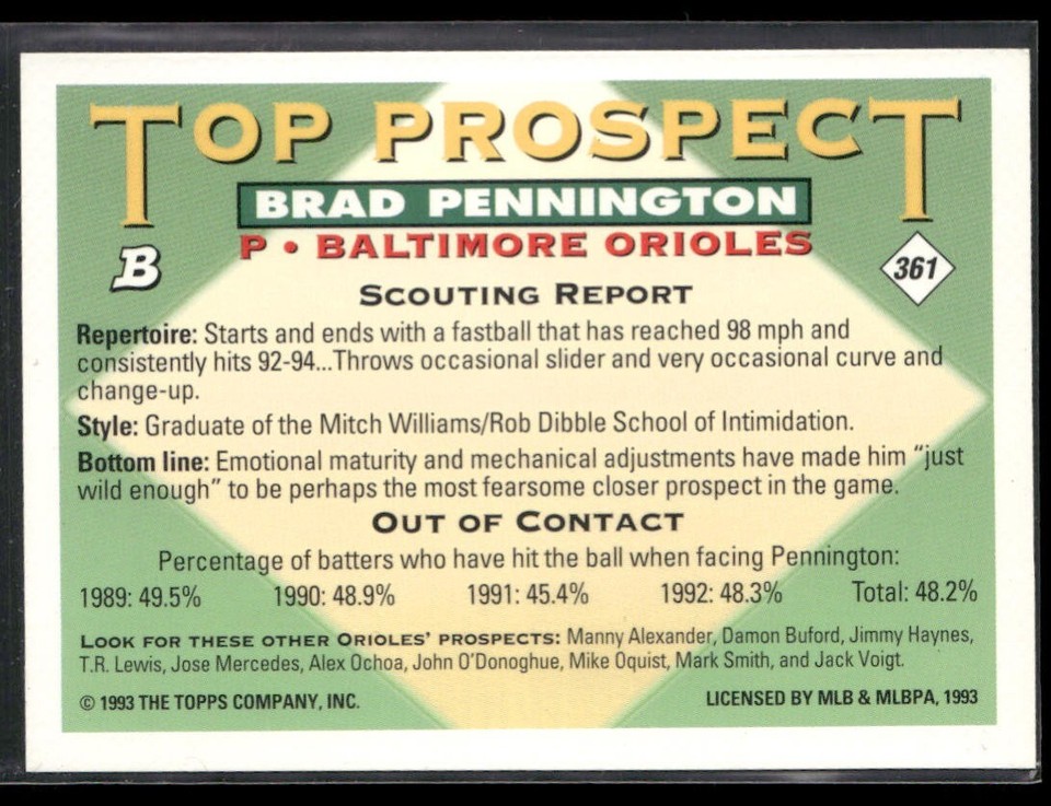 1993 Bowman Top Prospect Rainbow Foil Brad Pennington #361 Baltimore ...