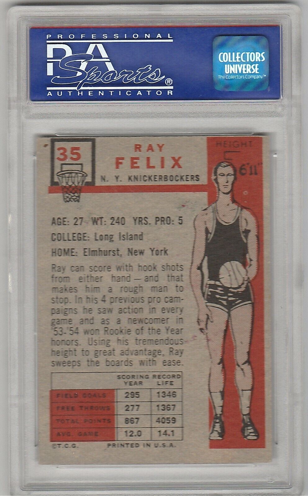 1957 TOPPS #35 RAY FELIX ROOKIE CARD RC NEW YORK KNICKS NBA ROY PSA 8 ...