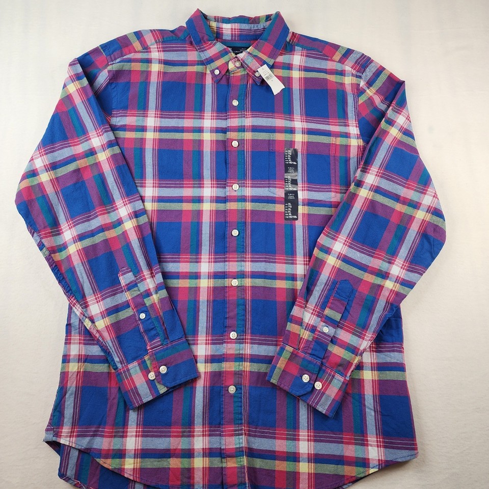 New Gap Slim Fit Button Down Shirt Men XL Plaid Red Blue Long Sleeve ...