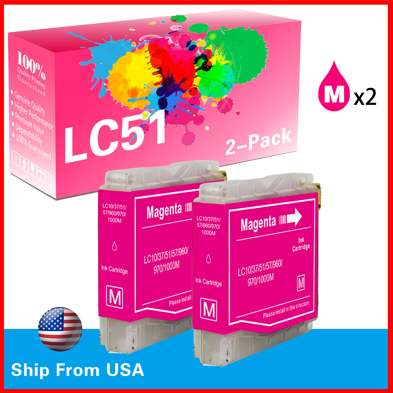 2PK LC-51 LC51 Magenta Ink Cartridge for DCP-130C DCP-135C FAX-2480C ...