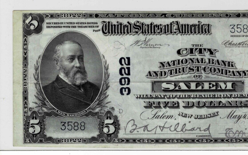 1902 $5 National Bank 'Plain Back' note-fr.600 (Salem,NJ-CH#3922) PCGS ...