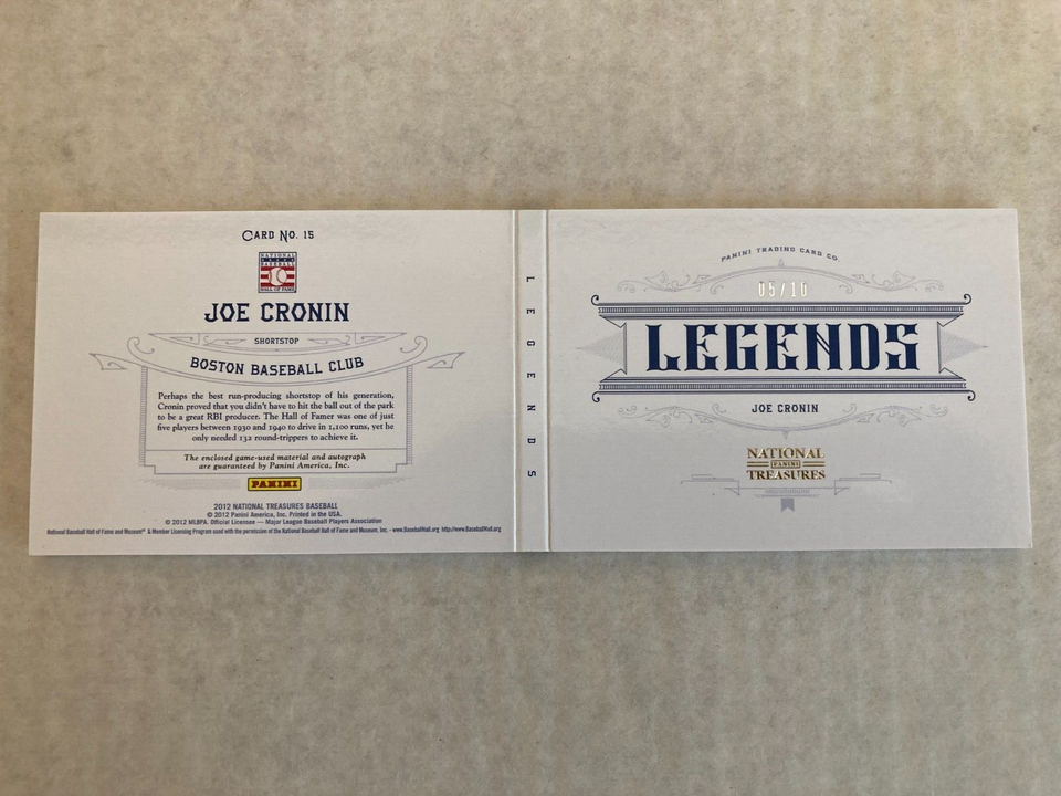 2012 National Treasures #15 Red Sox JOE CRONIN Booklet AUTOGRAPH RELIC ...