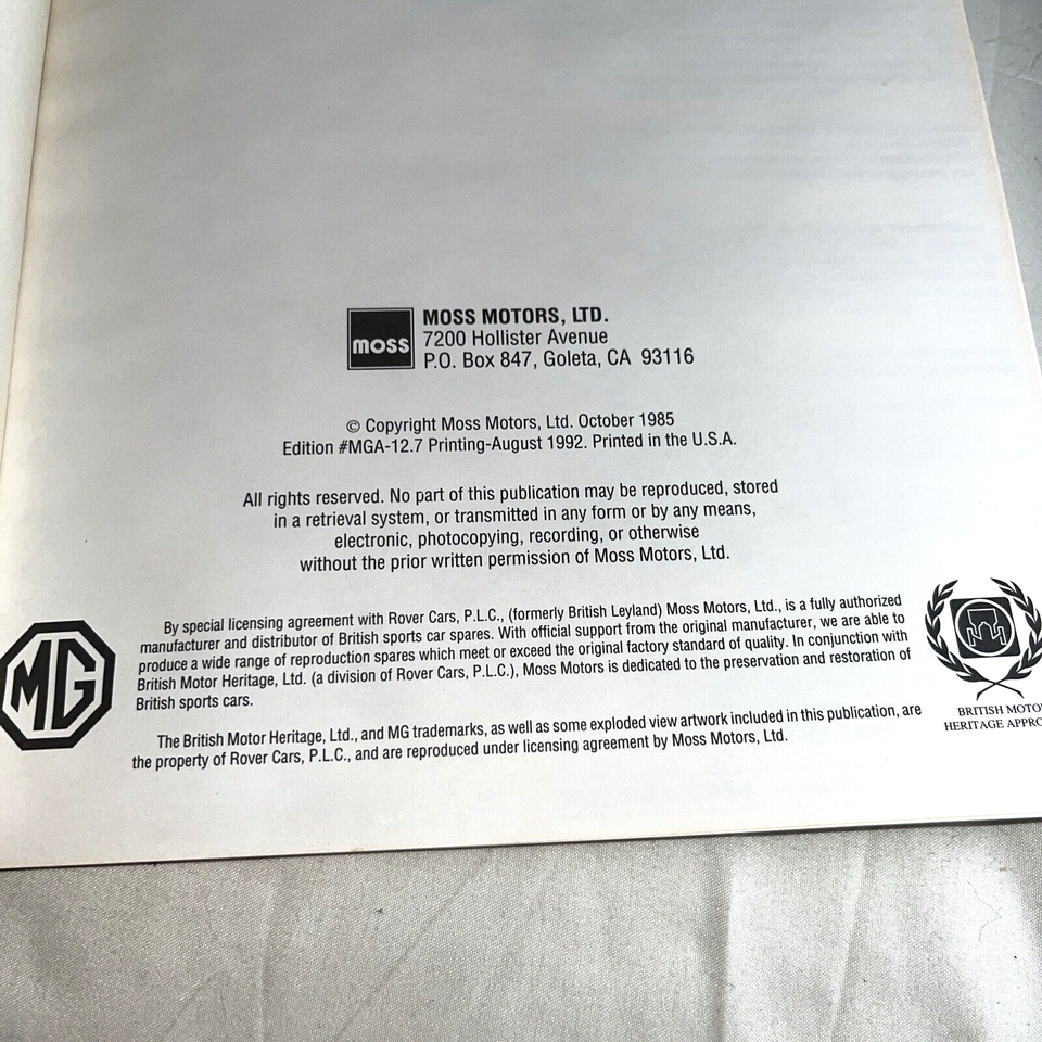 Moss Motors MGA Complete Parts Catalog Cars Automobiles Vintage 1992 | eBay