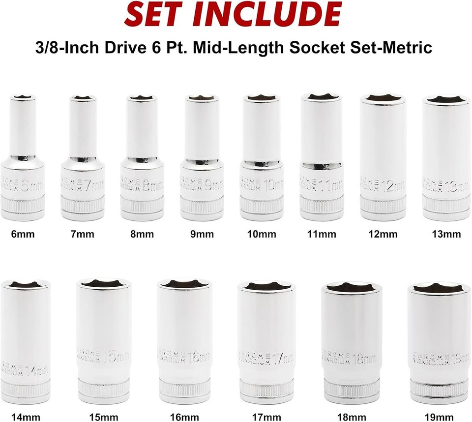14PCS 3/8" Drive Metric Deep 6 Point Impact Socket Set Mid-Length 6-19 ...