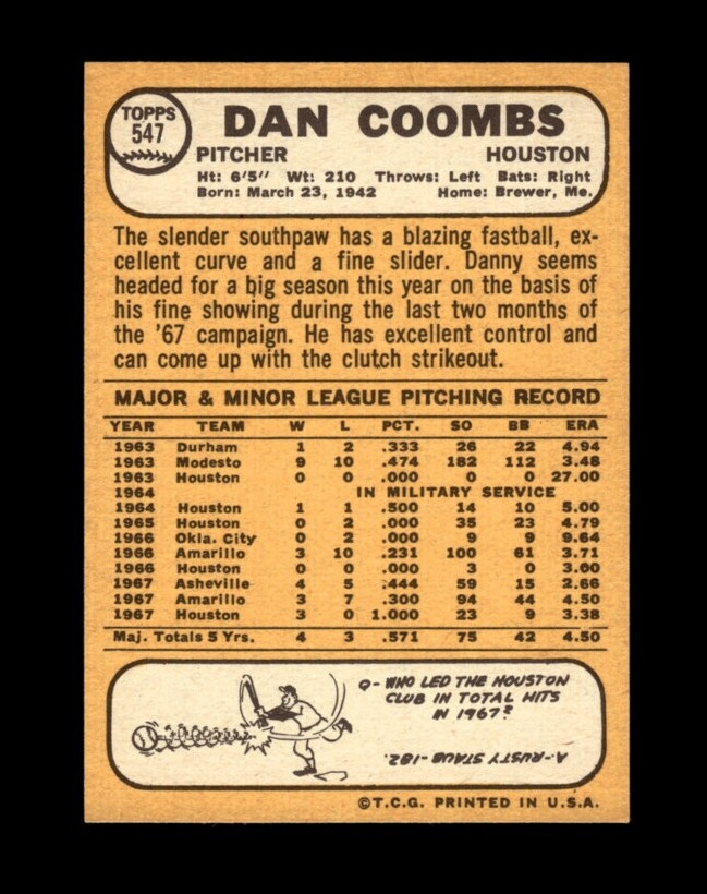 1968 Topps Set-Break #547 Danny Coombs NR-MINT *GMCARDS* | eBay