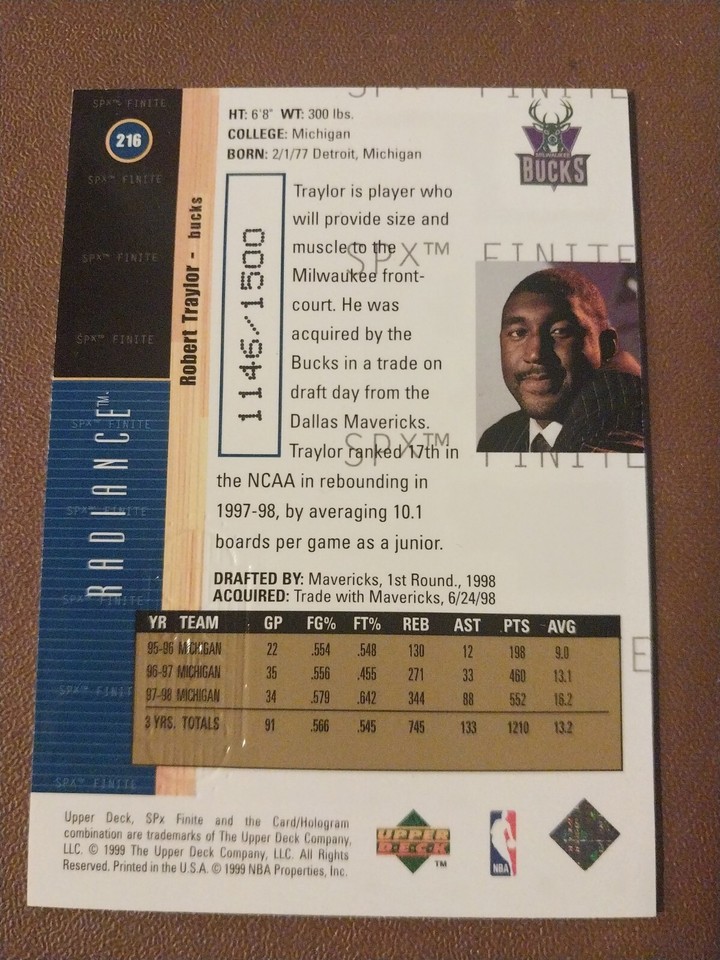 1998-99 ROBERT TRACTOR TRAYLOR UPPER DECK SPX ROOKIE CARD RC #216 ...