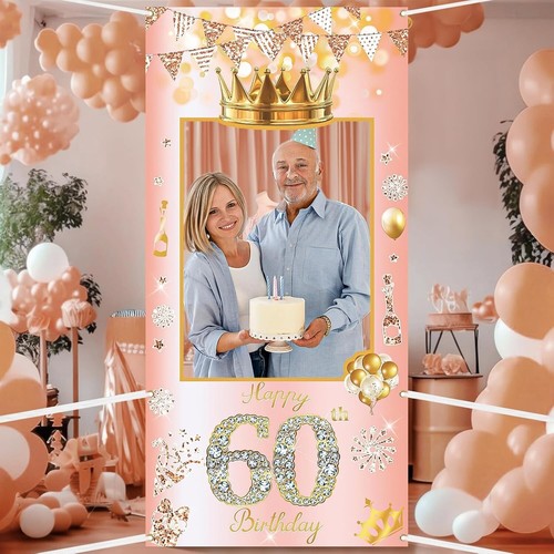 Pink 60th Birthday Fabric Banner Selfie Frame Photo Booth Decoration ...