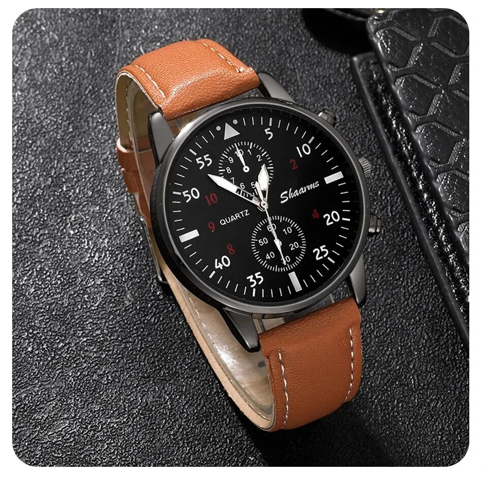 4 pc men's luxury black face sport watch & bracelet set leather strap ...