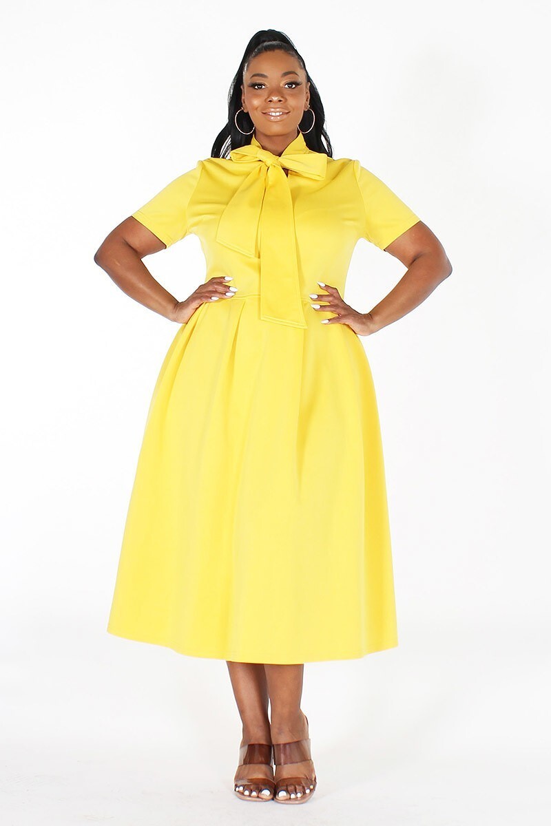 Women's Plus size Modest Bow Tie knee length yellow midi dress | eBay