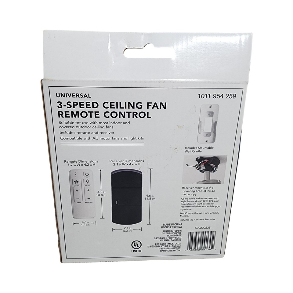 Hampton Bay Universal 3speed Ceiling Fan Remote Control Instructions