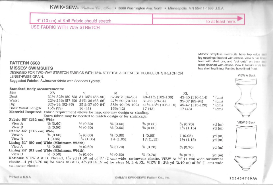 Uncut Kwik Sew Sewing Pattern # 3608 Misses Swimsuits Sizes: XS-S-M-L ...