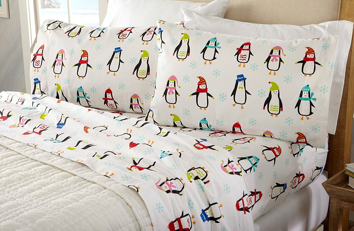 Winter Penguins Snowflake 4 pc Cotton Flannel Sheet Set Twin Full Queen ...