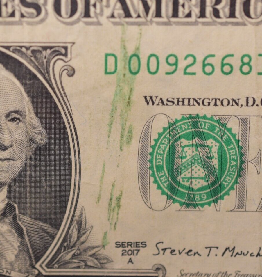2017 Error Note One Dollar Bill Ink Misprint,GREEN INK SMEAR color ...