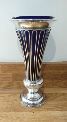 Elegant Antique Edwardian Sterling Silver and Blue Glass Trumpet Vase ...