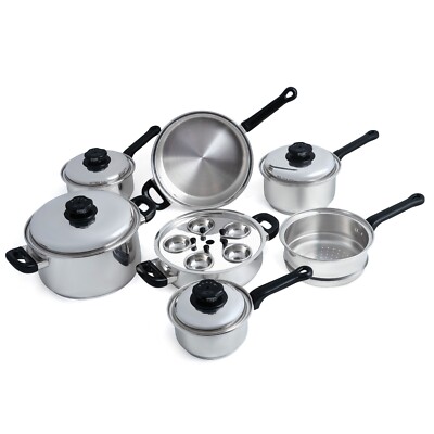 Maxam 9-Element 17 Piece Waterless Cookware Set Surgical Stainless ...