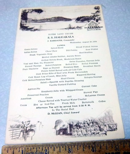vintage Alaska Steamship company Menu Card, SS Haleakala, august 1934 ...