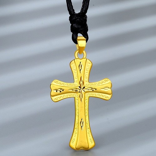 Religious Jewelry 24K Gold Plated Cross Pendant Leather Rope Necklace ...
